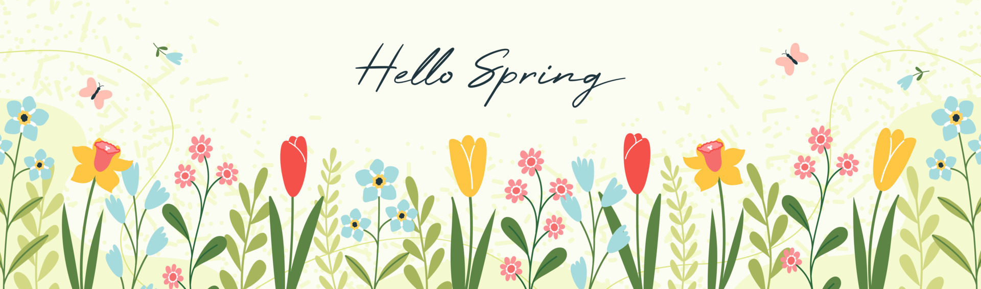 Hello Spring. Vector horizontal spring banner. Floral green background ... Hello Spring. Vector horizontal spring banner. Floral green background ...