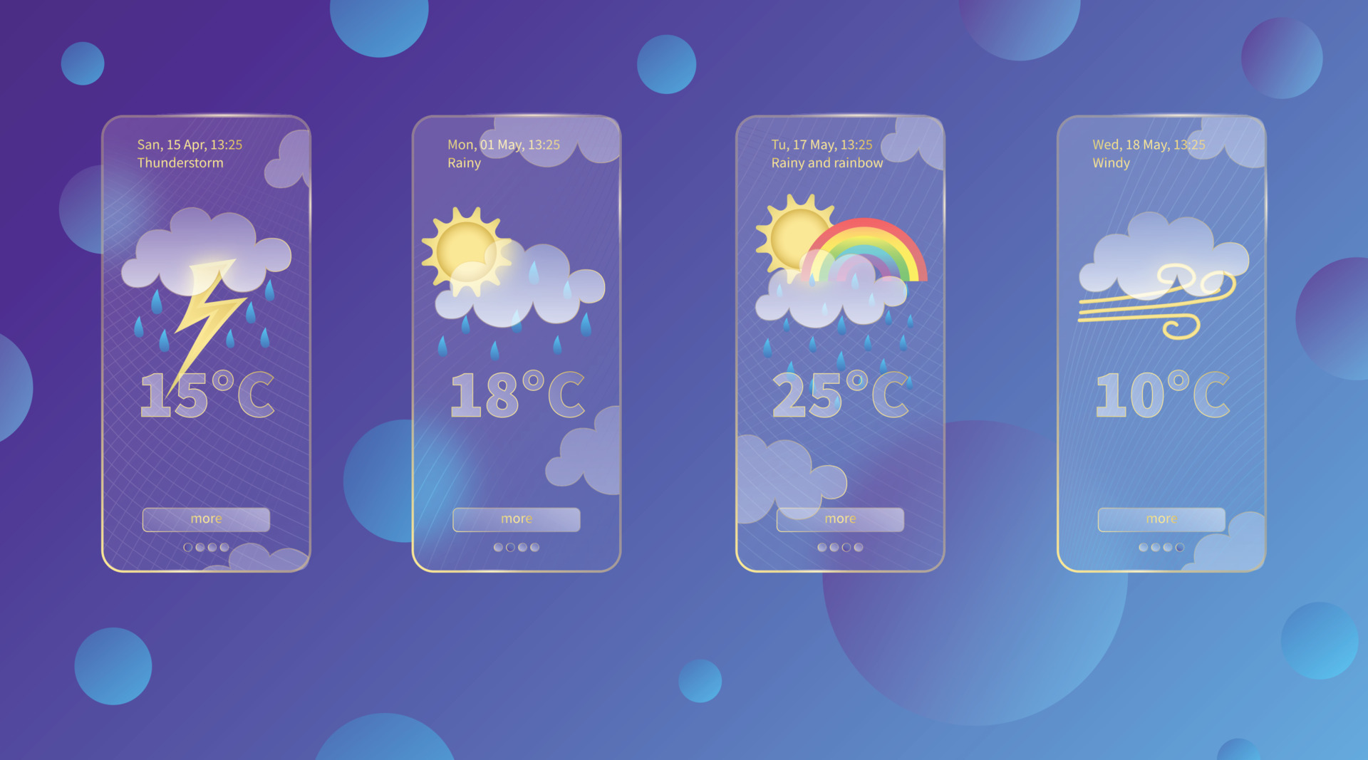 Set Of 3d Glassmorphism Weather Forecast App Template Interface Design Kit Day Meteo Icons On