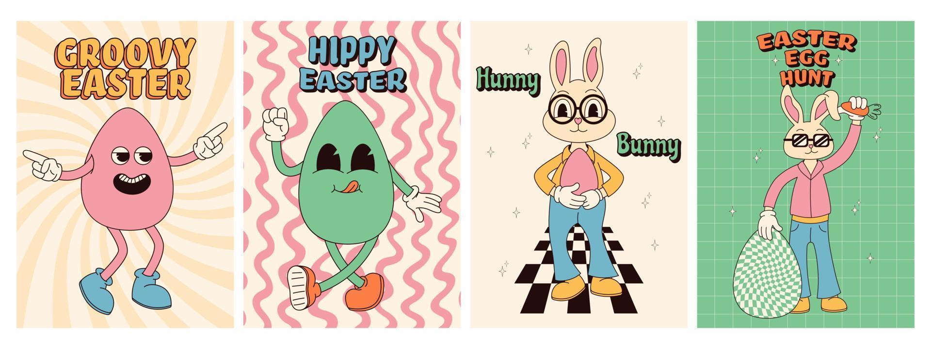 Groovy hippie Happy Easter posters. Easter eggs, bunny. Vector card in ...