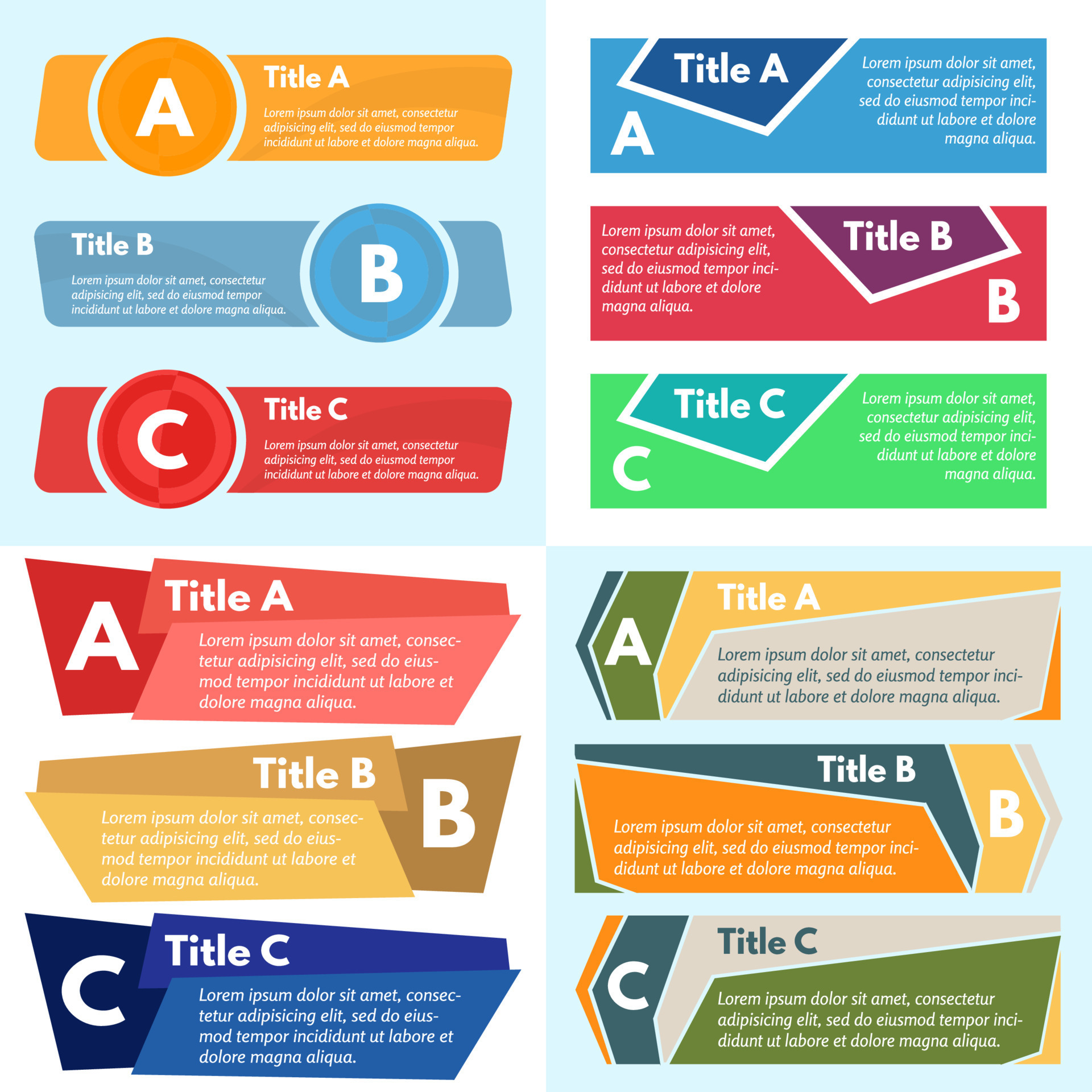 Four sets of three elements of infographic design. Step by step ...