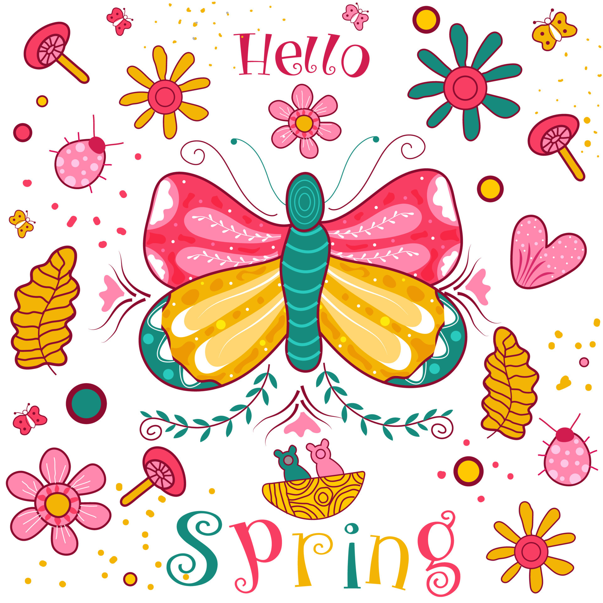 Colorful Hello Spring Text with Butterflies, Ladybugs, Owls, Mushroom ...