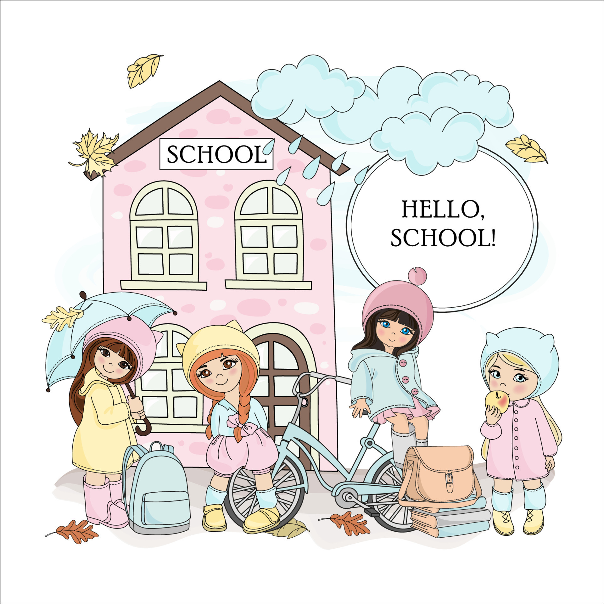 HELLO SCHOOL Girl Children Cartoon Vector Illustration Set 20749405 Vector Art at Vecteezy