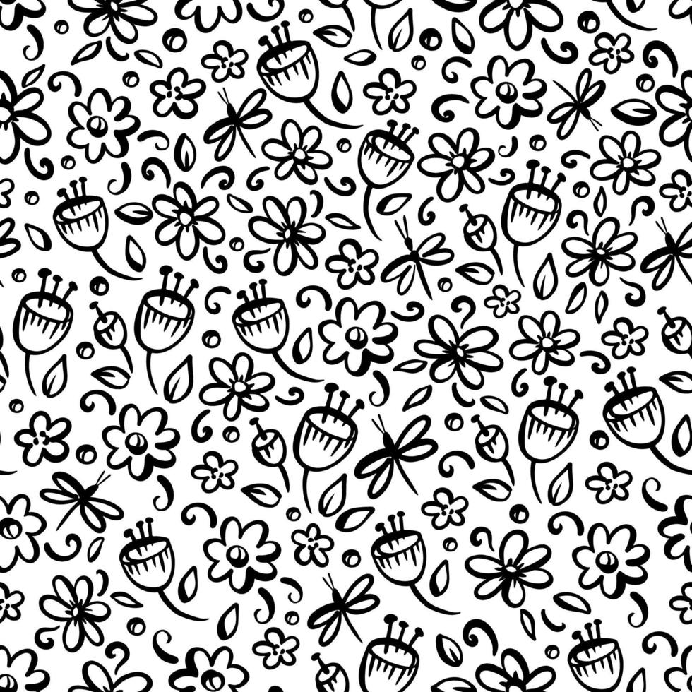 Flower Monochrome Hand Drawn Seamless Pattern Vector Print 20749474