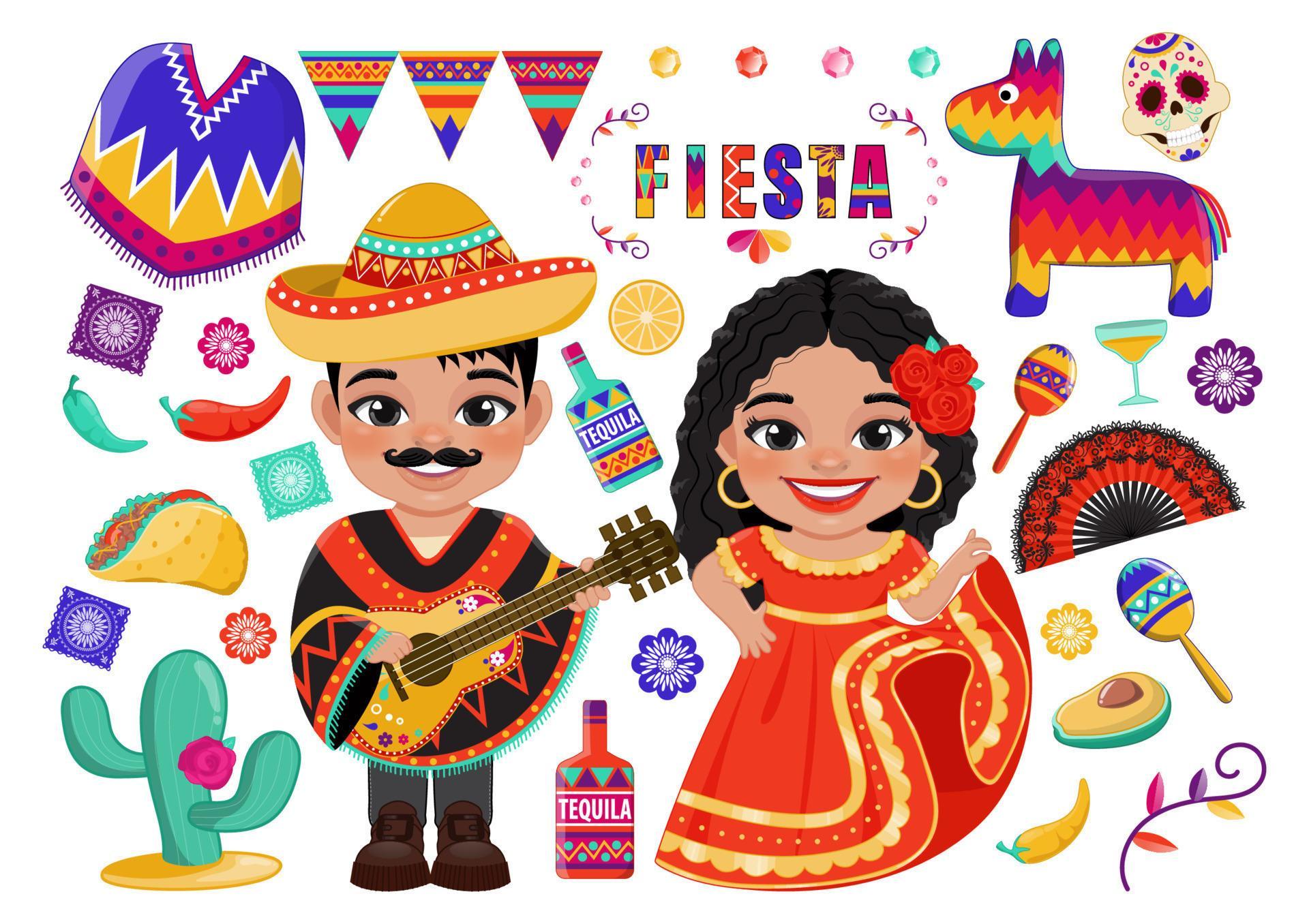 Cinco de Mayo Mexican Holiday with kids and elements set. Greeting card ...