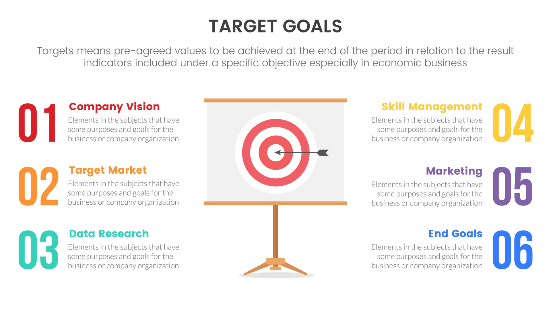 goals or target infographic with 6 point list balanced concept for slide presentation template ...