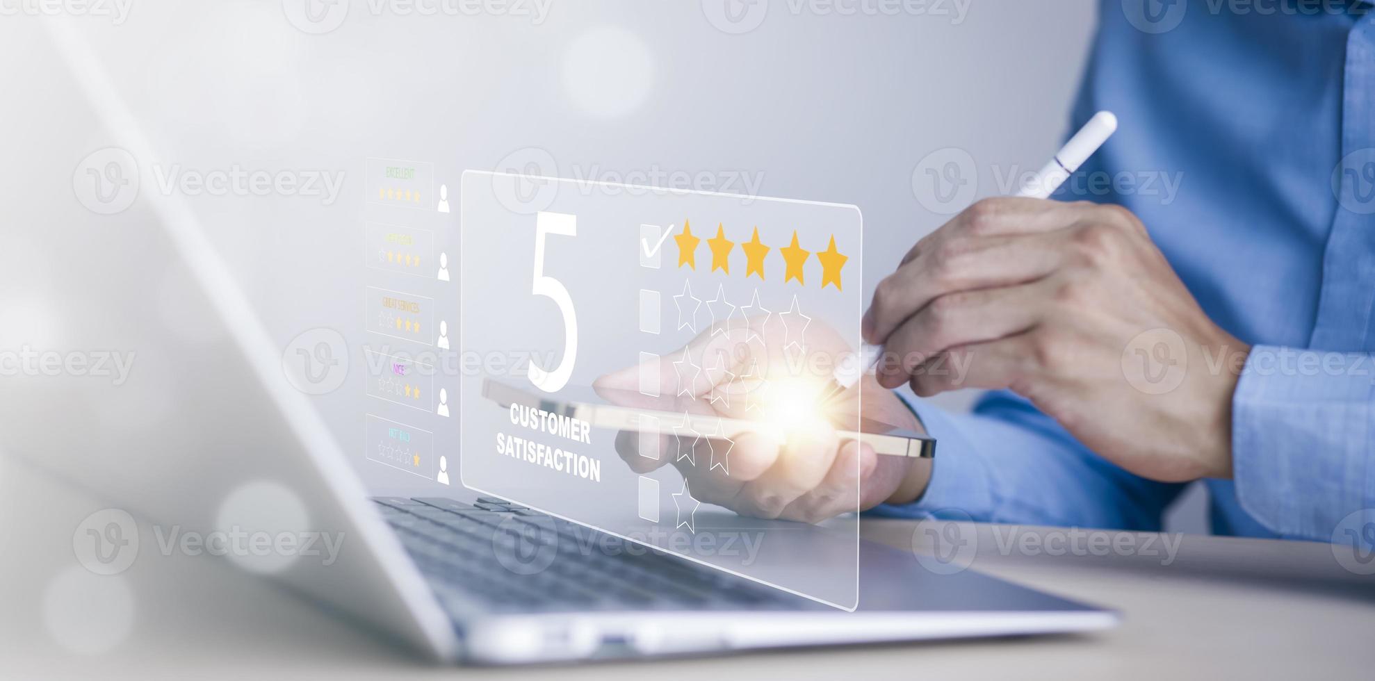 Man using pen touch graphics Customer review satisfaction feedback survey concept, User give ...