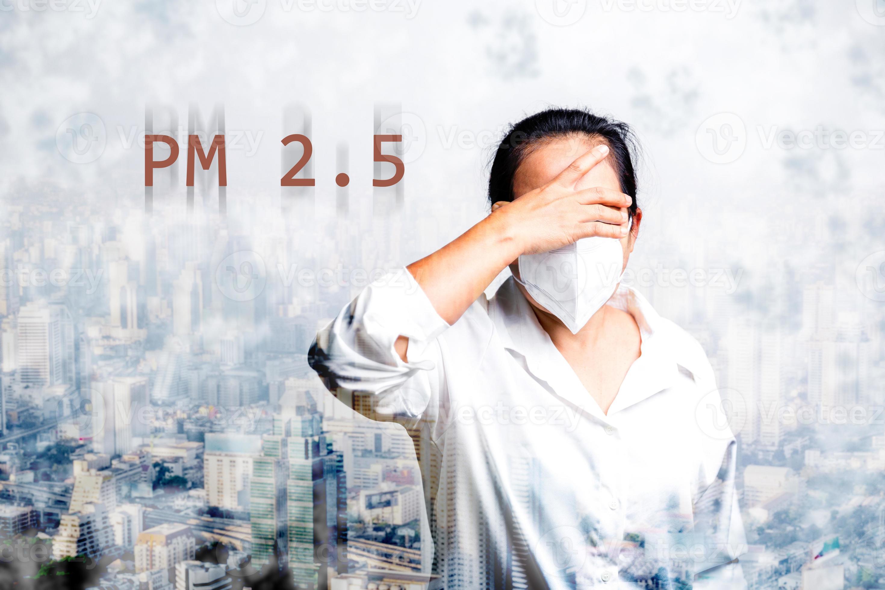 Woman wearing N95 PM 2.5 respiratory protection mask against air pollution and dust particles ...