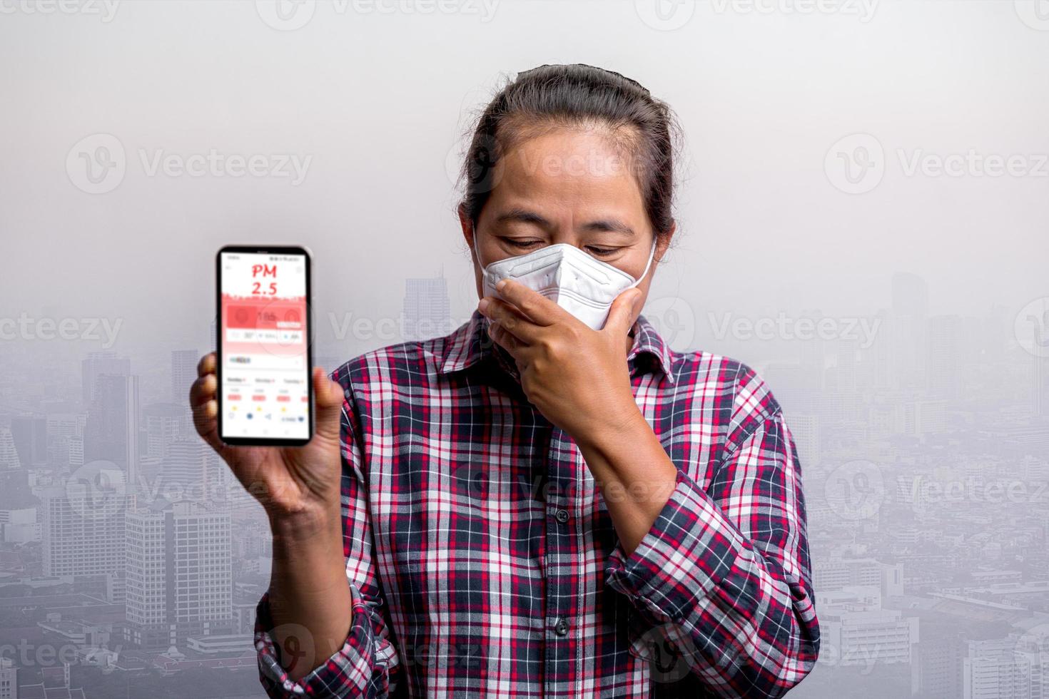 Woman wearing N95 PM 2.5 respiratory protection mask against air pollution and dust particles ...