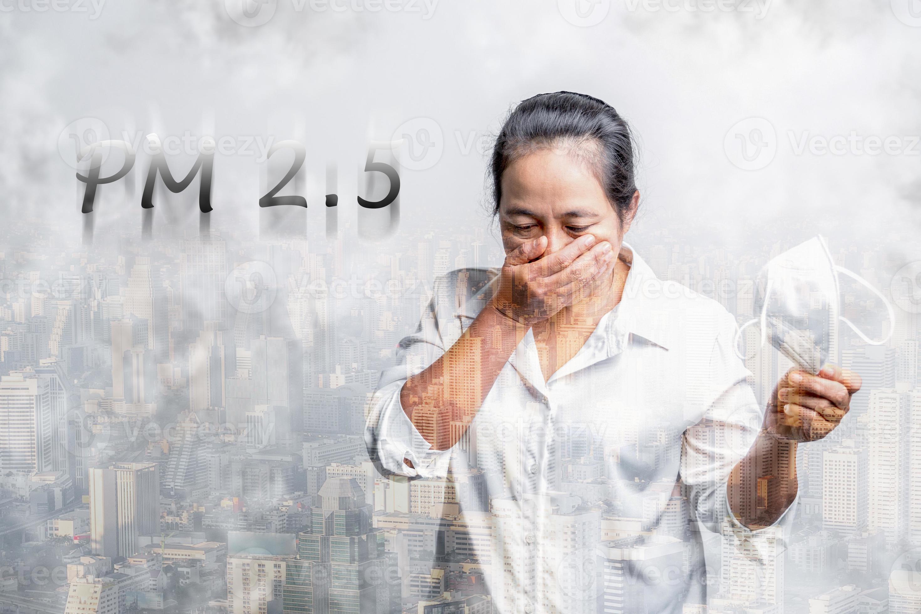 Woman wearing N95 PM 2.5 respiratory protection mask against air pollution and dust particles ...