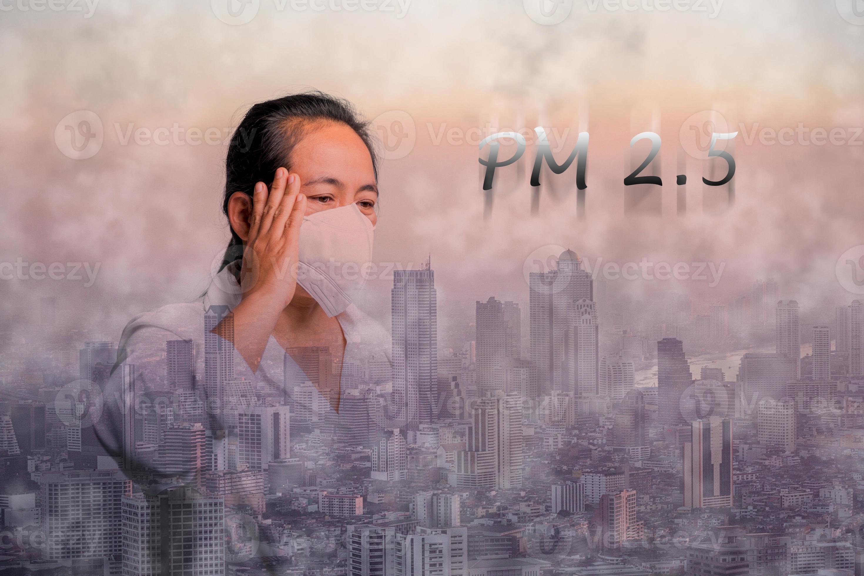 Woman wearing N95 PM 2.5 respiratory protection mask against air pollution and dust particles ...