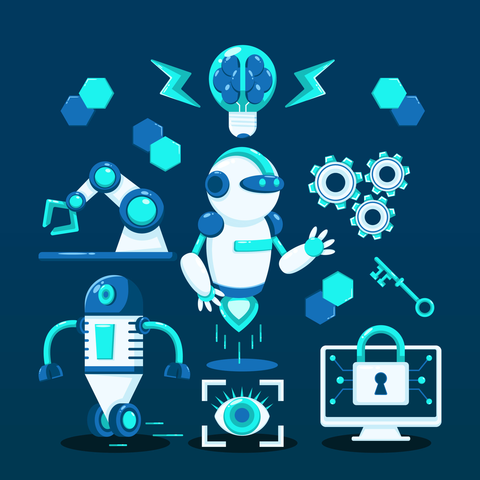 Robot technology vectors. Flying robots, wheeled robots, digital robots ...