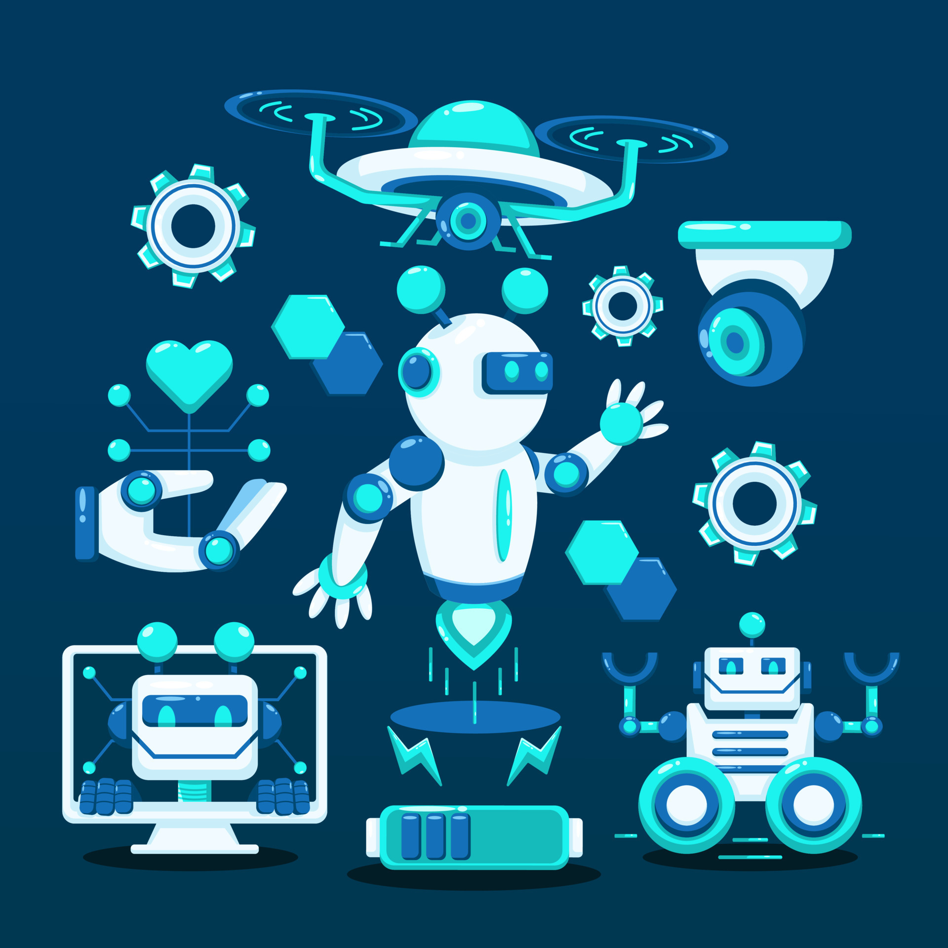 Robot technology vectors. Flying robots, robots with wheels, digital ...