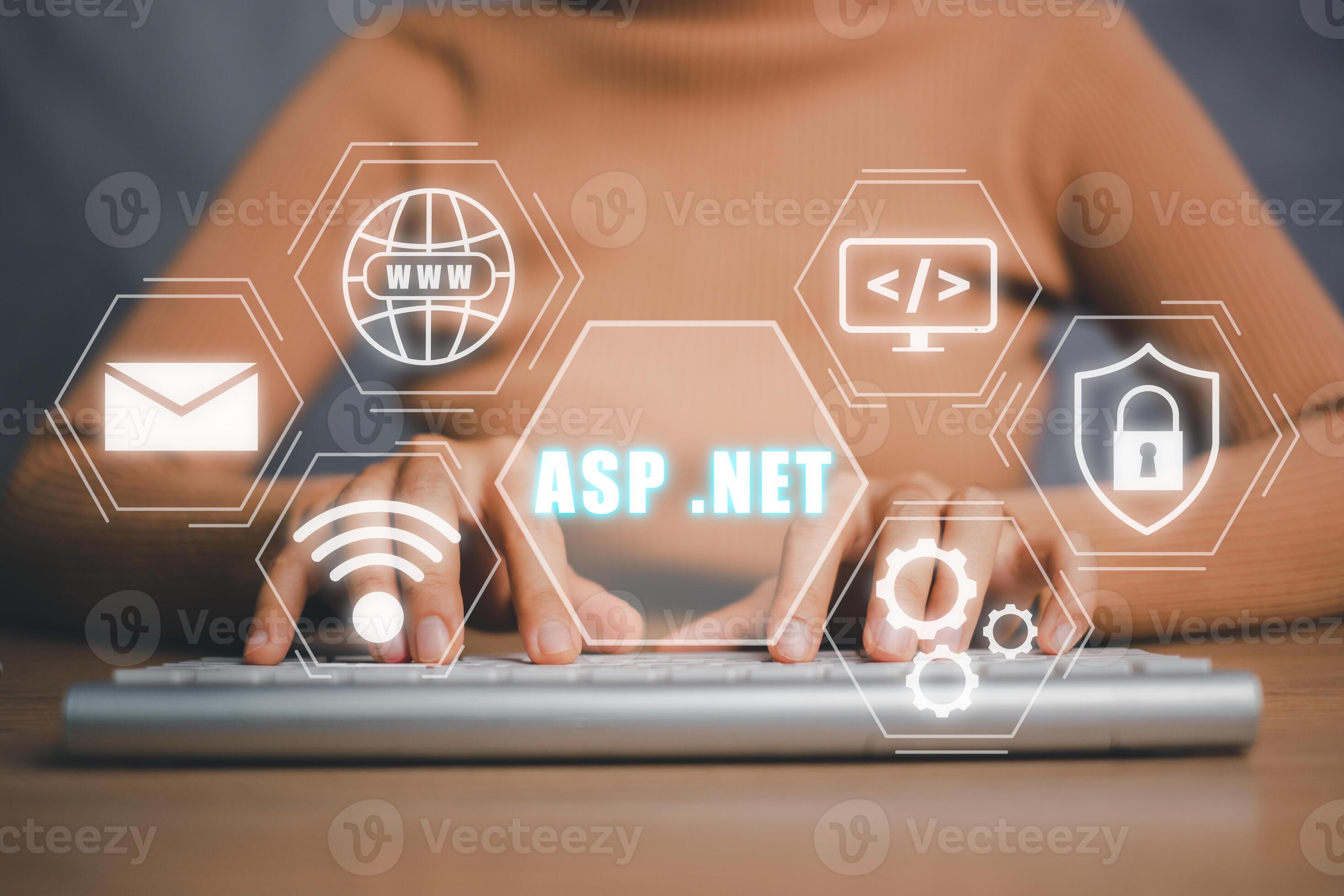 asp.net desarrollo programación idioma concepto, persona mano mecanografía en teclado ...