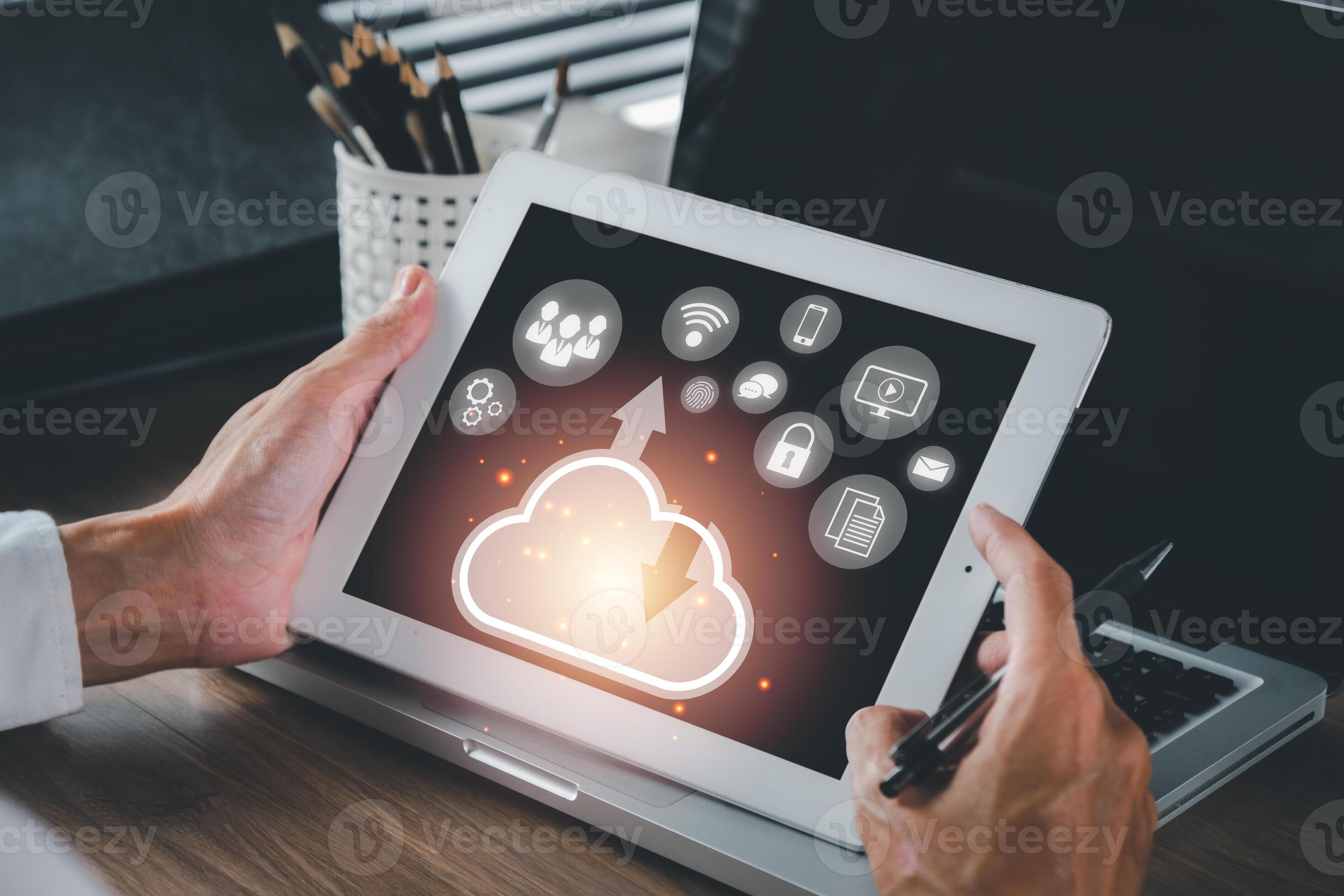 Person hand using digital tablet with cloud computing icon, Cloud computing concept, Backup ...