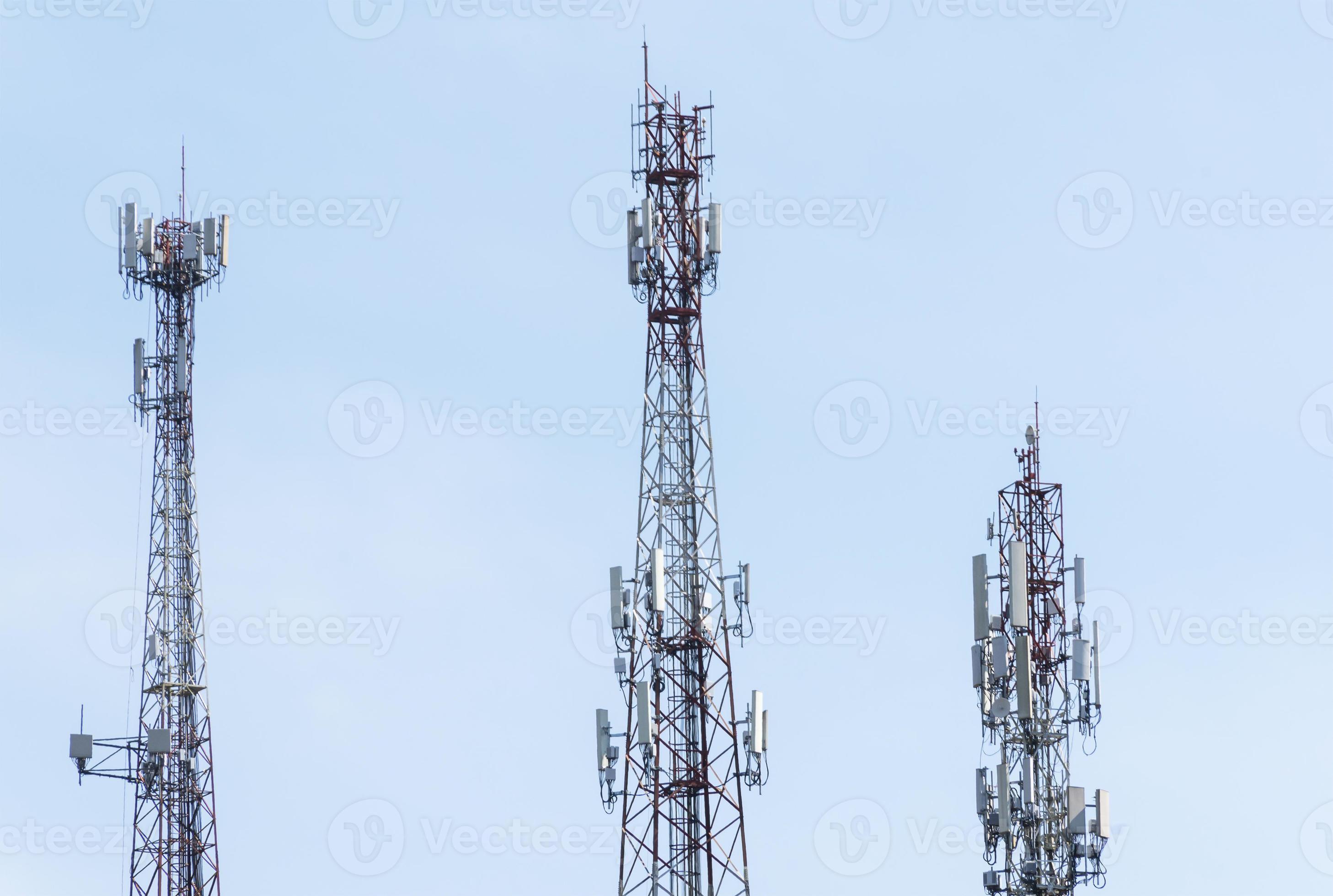 Three telecommunication tower on blue sky background 20824528 Stock Photo at Vecteezy