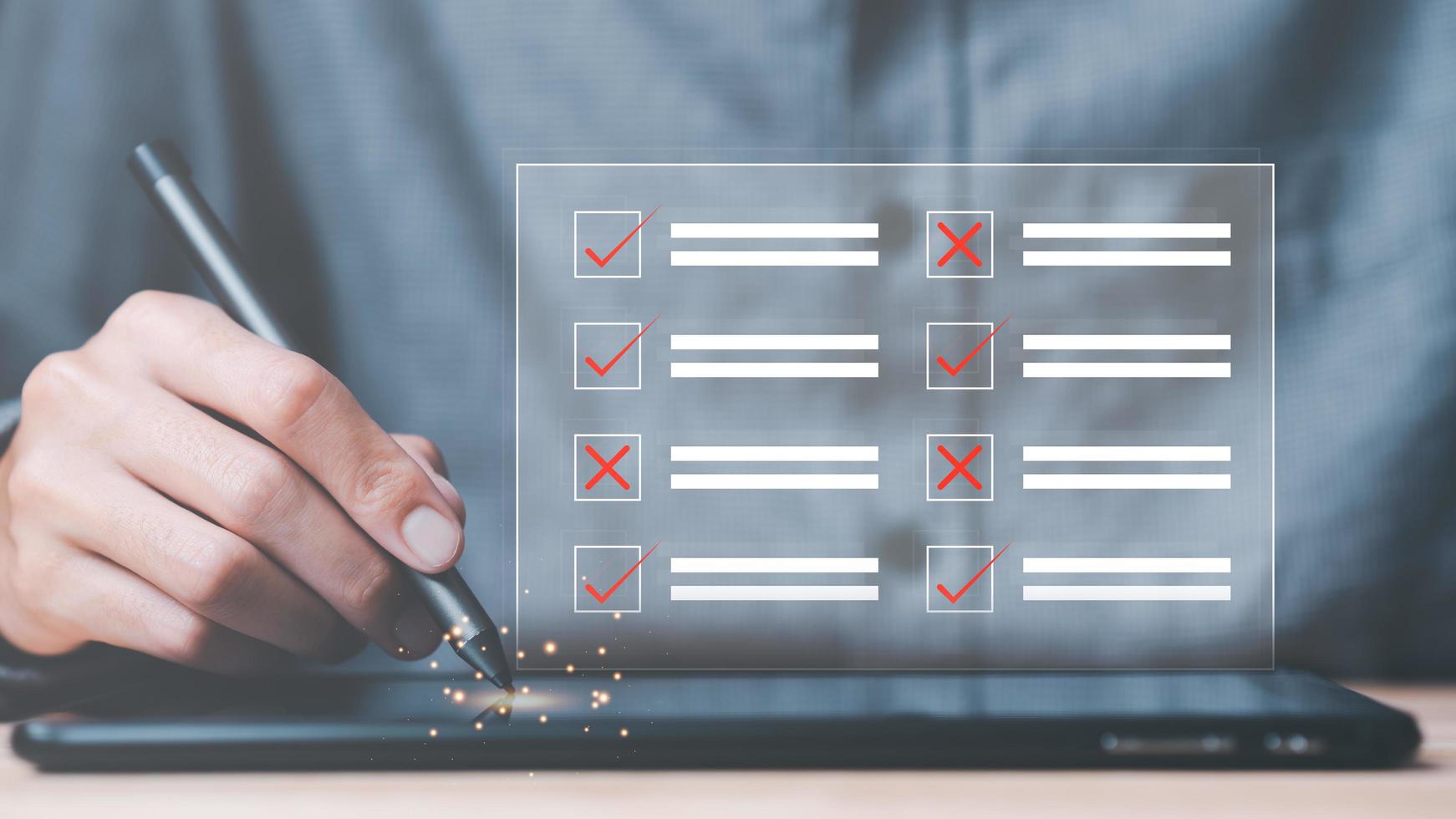 Businessman showing virtual icons, assessment checkboxes ,data analysis ...