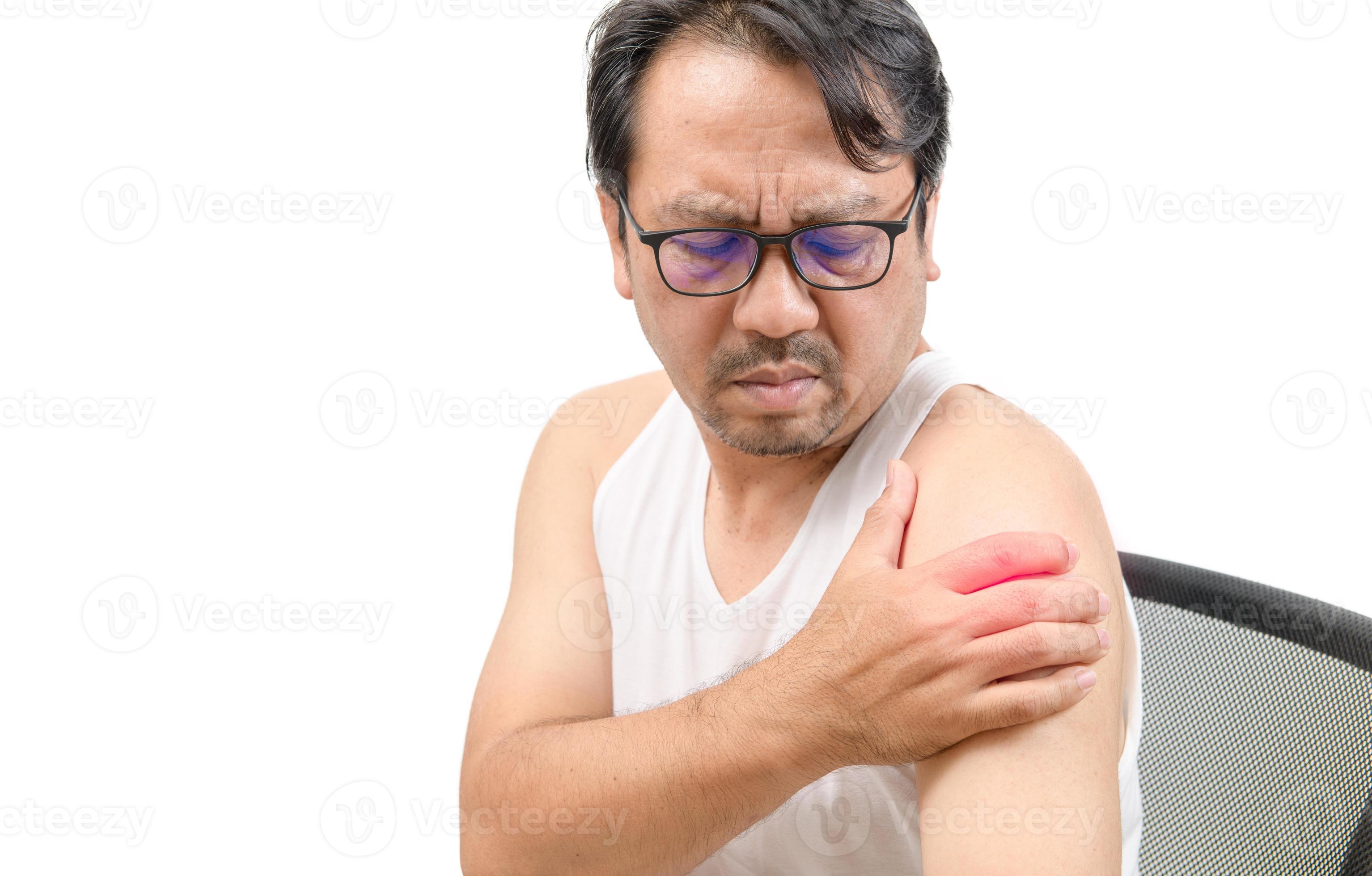 A middle aged man in white veat suffering from neck and shoulder pain isolated on white ...