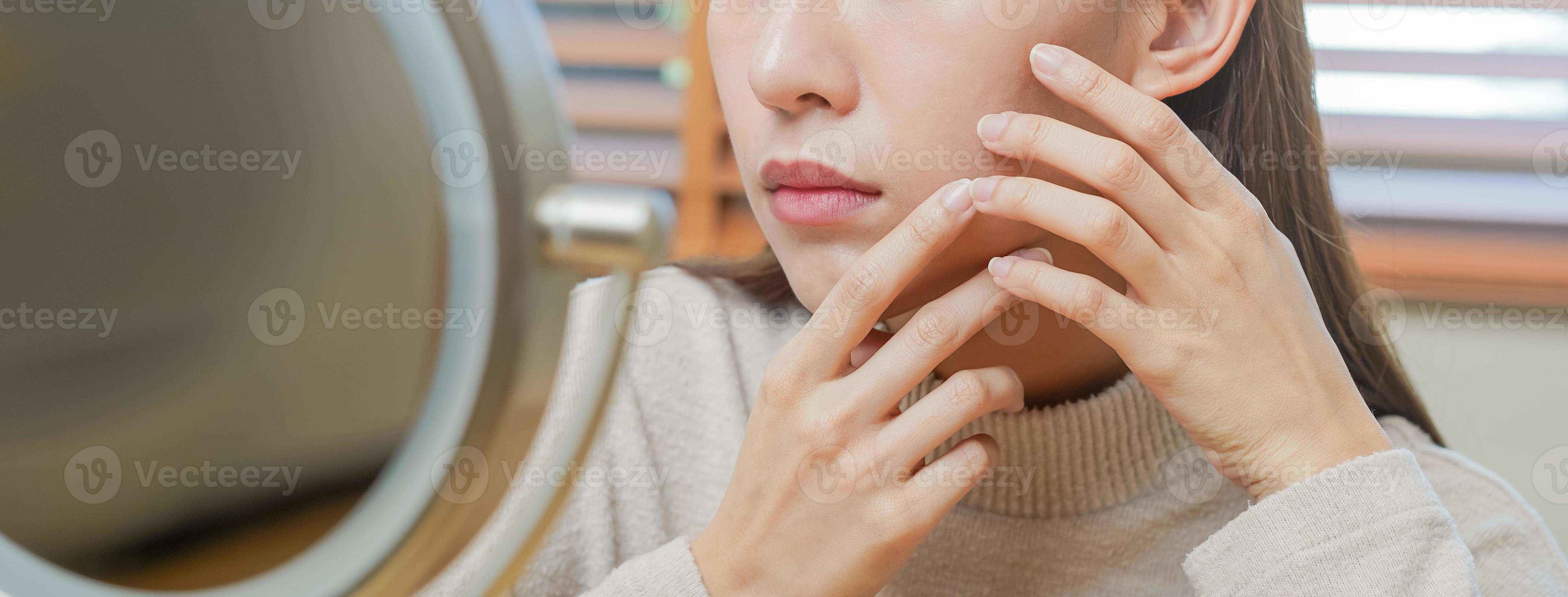 Dermatology Puberty Asian Young Woman Girl Looking Into Mirror