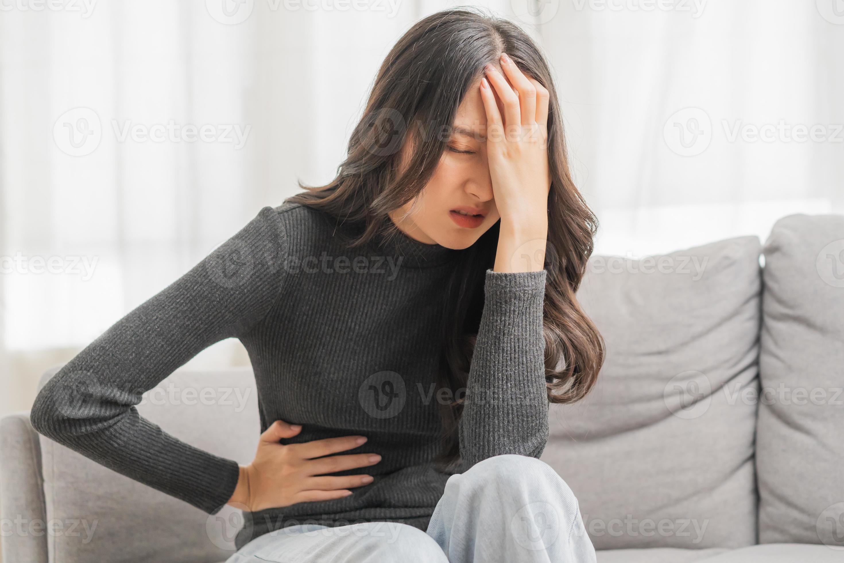 Flatulence Asian Young Woman Girl Hand In Stomach Ache Suffer From