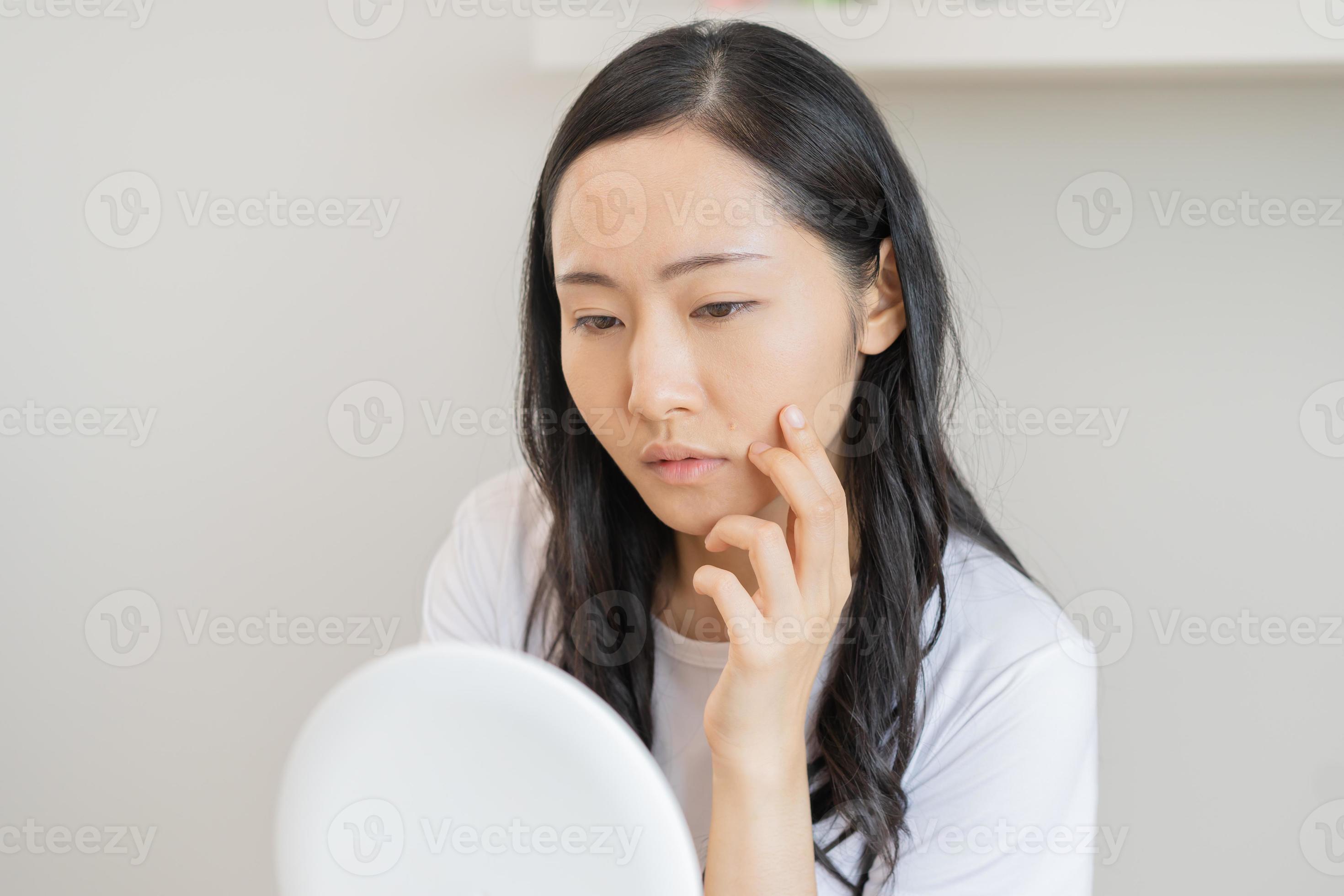 Dermatology Puberty Asian Young Woman Girl Looking Into Mirror