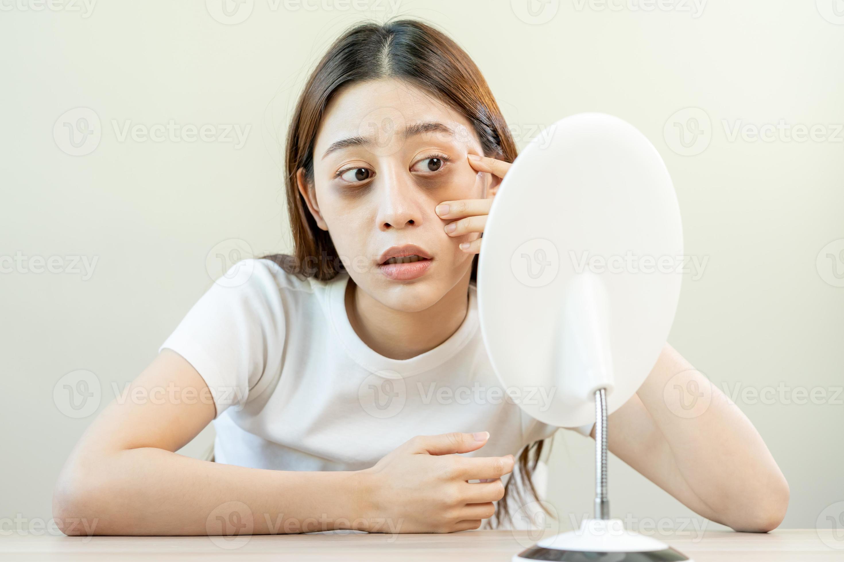 Bored, insomnia asian young woman, girl looking at mirror, without ...