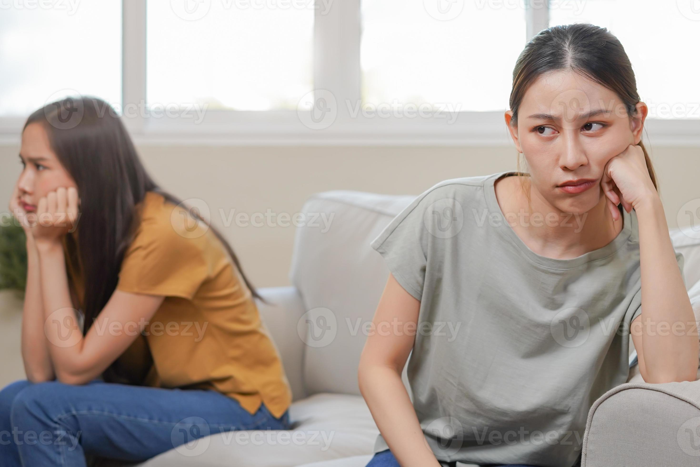 Unhappy Lesbian Lgbt Asian Young Two Women Girl Gay Couple Love