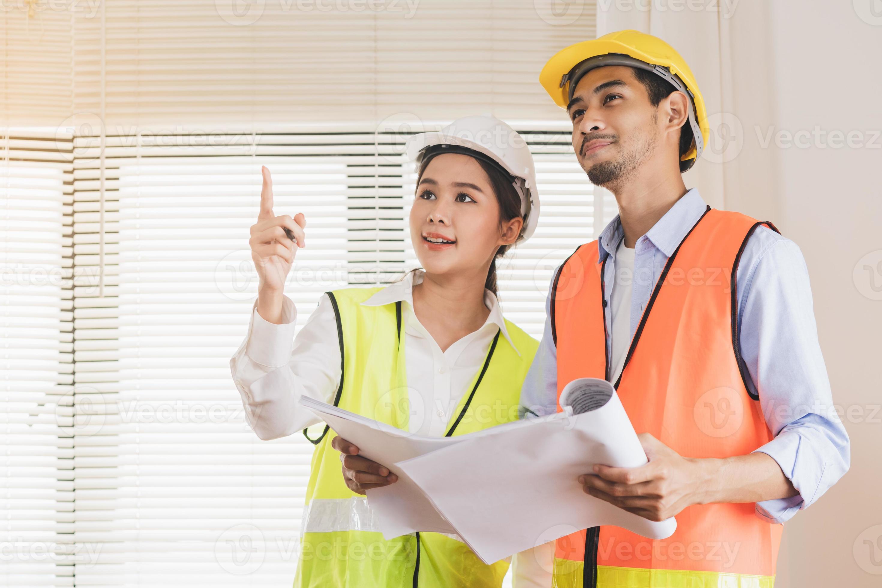 Team architect builder home or apartment, worker asian inspecting reconstructed construction ...