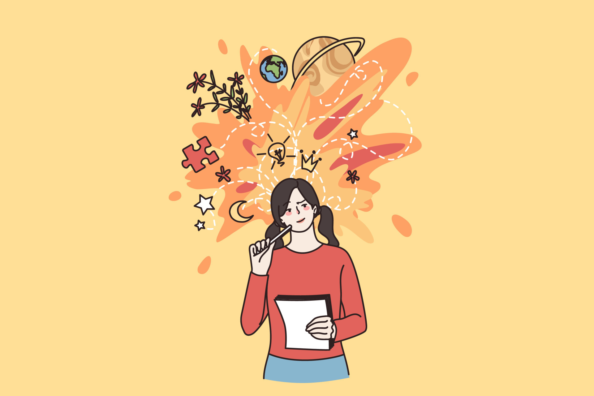 Young Woman Hold Paper Think Or Visualize Ideas Brainstorm