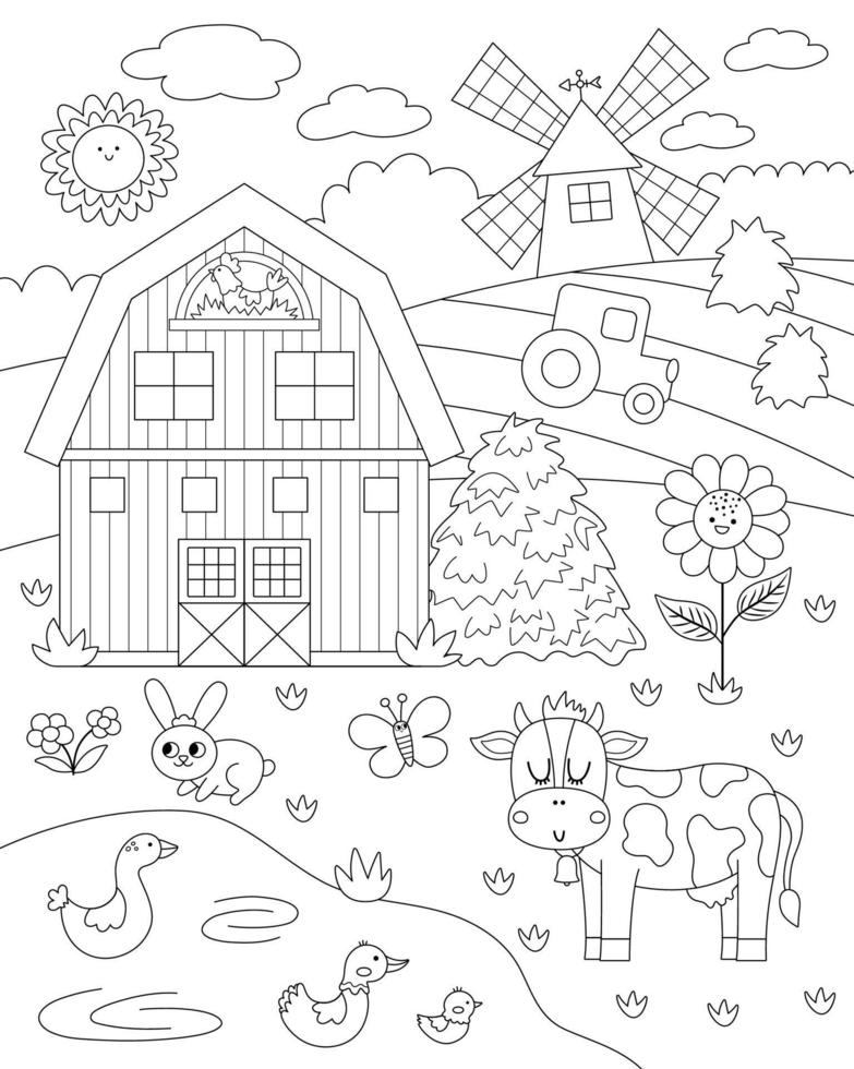 Vector black and white farm landscape illustration. Rural outline ...