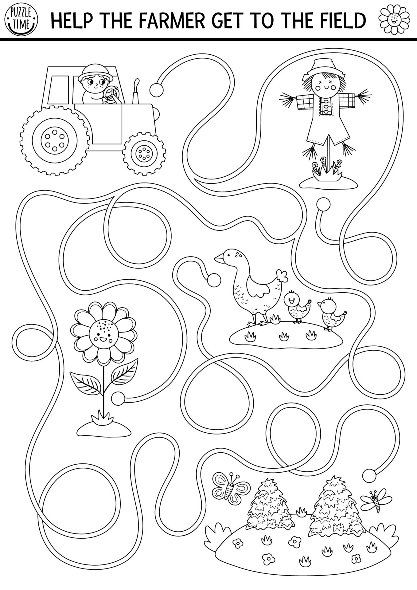Black and white farm maze for kids with cute tractor, scarecrow ...