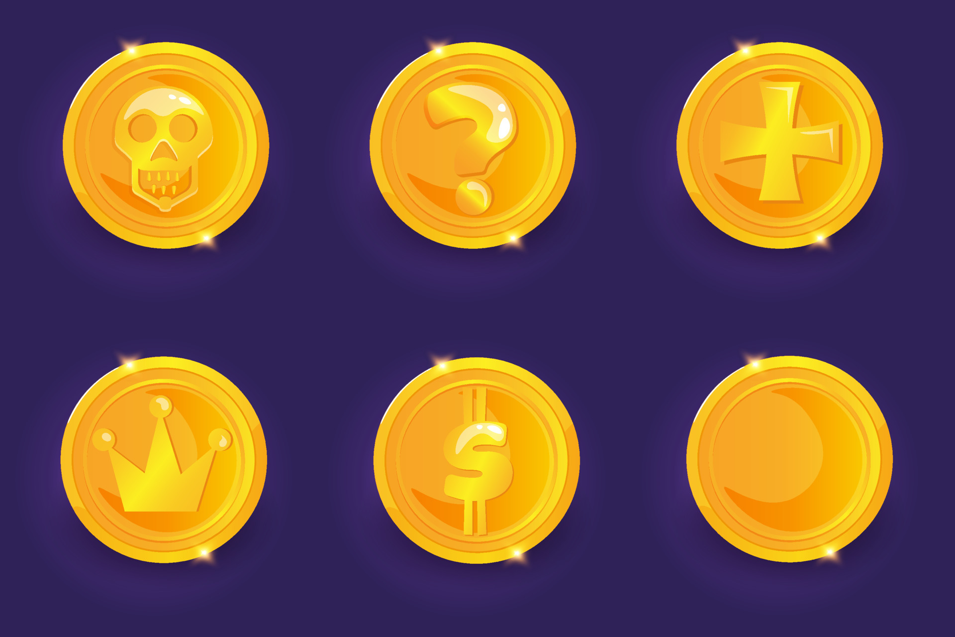 Gold coins set with different drawing. Cartoon style game GUI icon ...