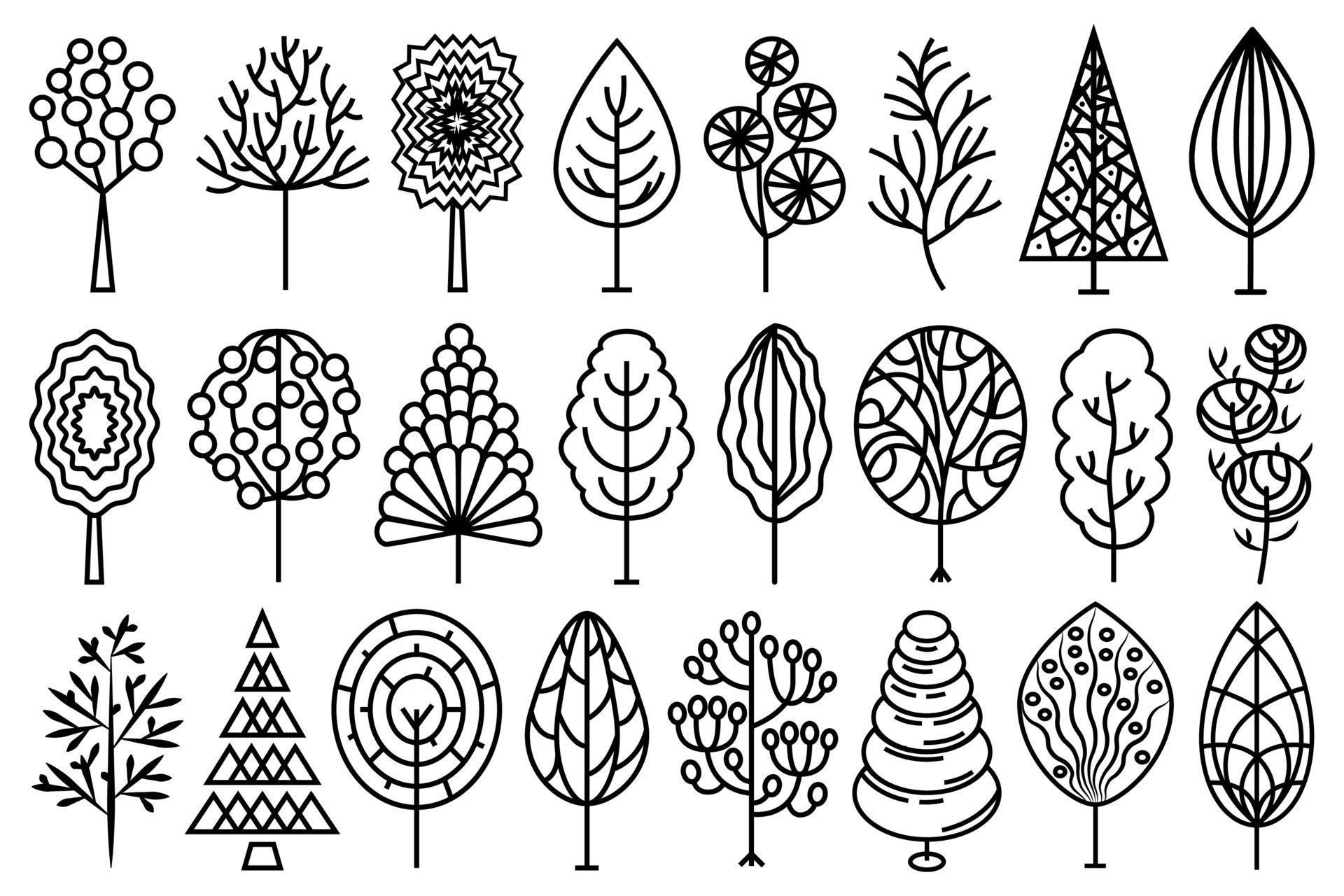 Line art stylized, decorative trees. Abstract line drawing, doodle tree decorations set ...