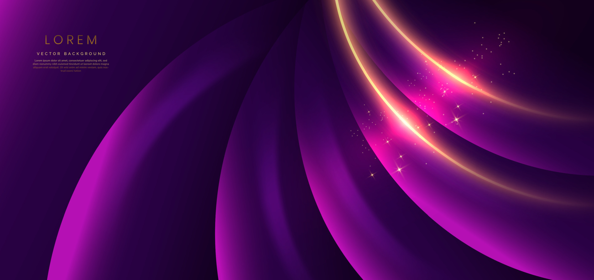 Abstract glowing gold curved lines on dark purple background with lighting effect and sparkle ...