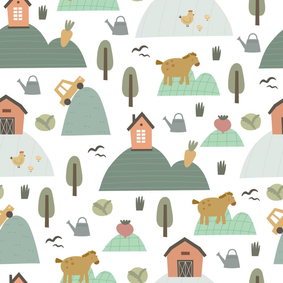 Seamless pattern with cartoon horse, house, car, tree, decor elements ...