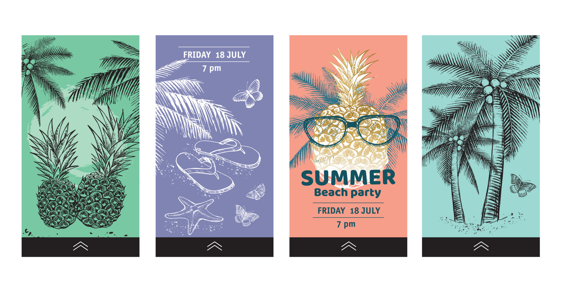 Hello Summer, palm tree, glasses, pineapple. Hand drawn illustration ...