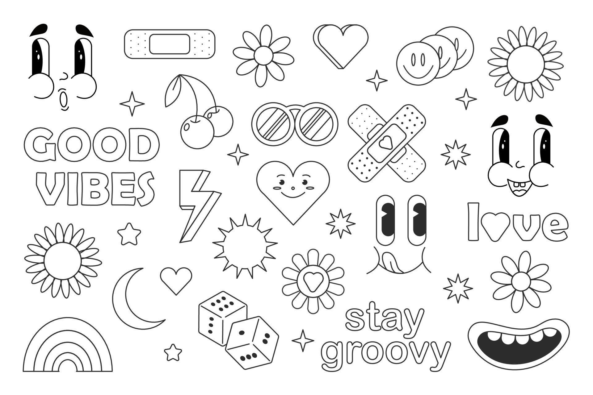 Retro 70s hippie stickers, groovy elements. Doodle style. Coloring book ...