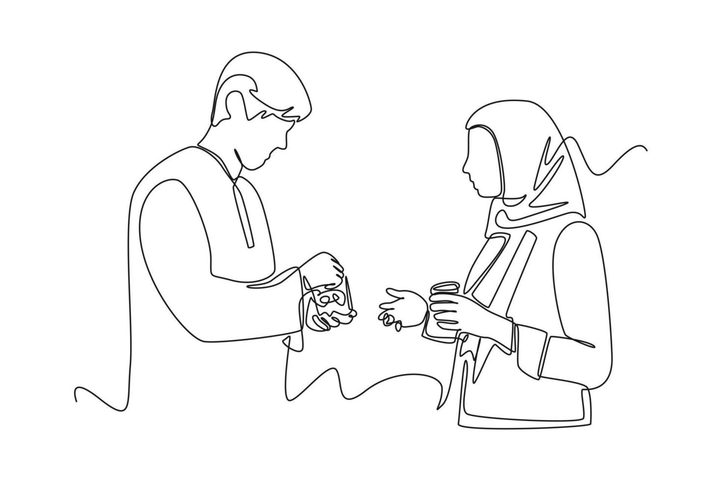 Continuous One Line Drawing Couple Eating Cookies Together Eid Al Fitr Concept Single Line