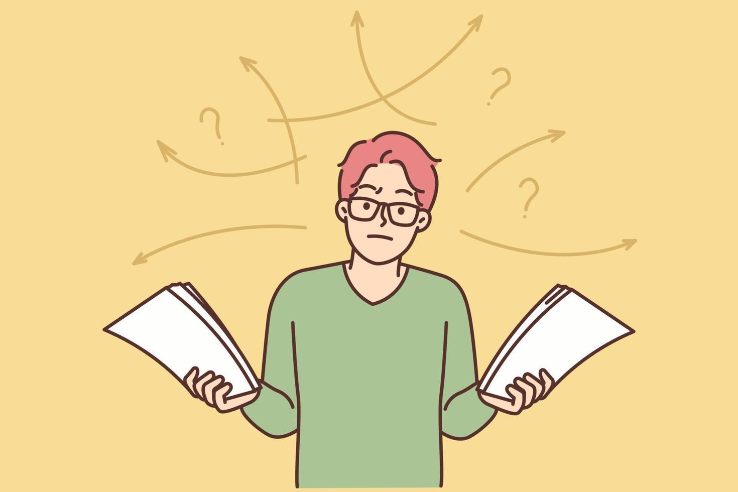 Frustrated man with paperwork feel confused with problem solution ...