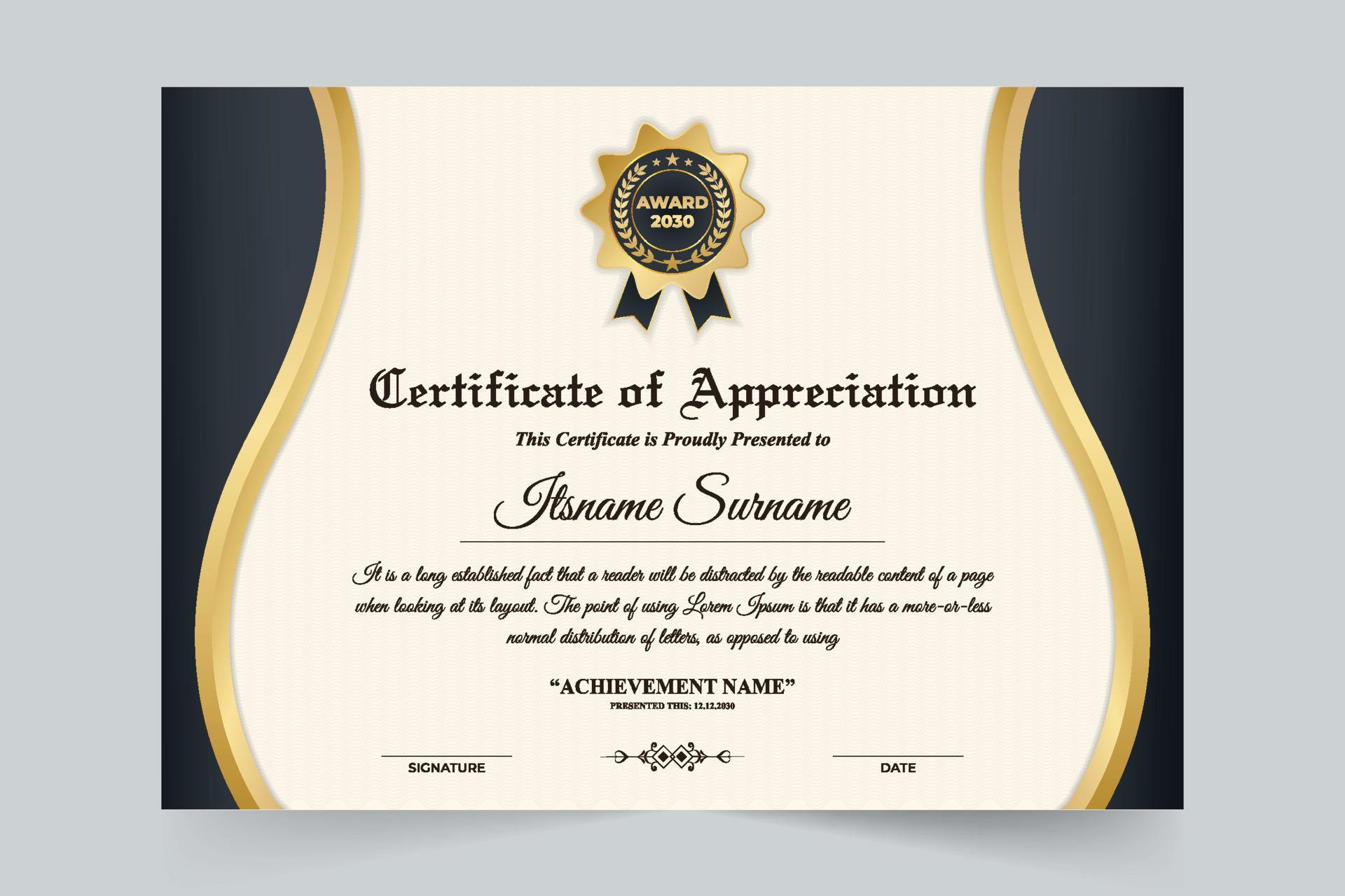 Creative office certificate and honor credential design with dark and golden colors ...