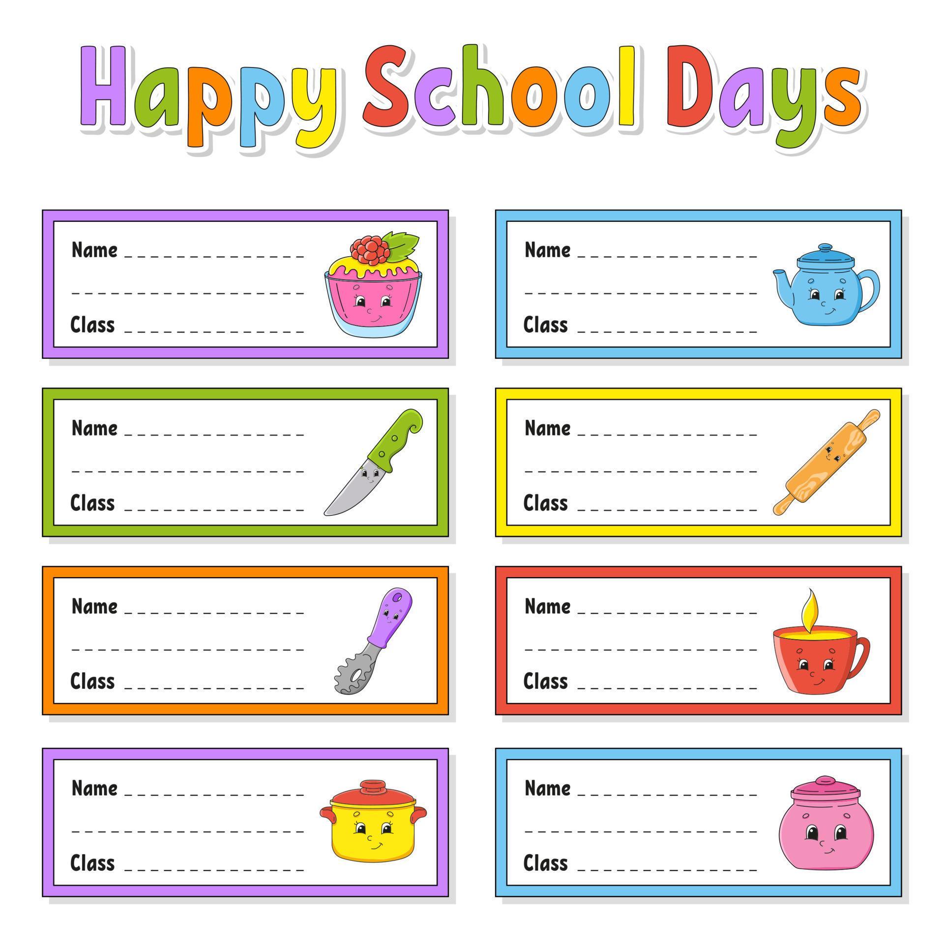 Name and class. Back to school labels. Set stickers for notebook ...