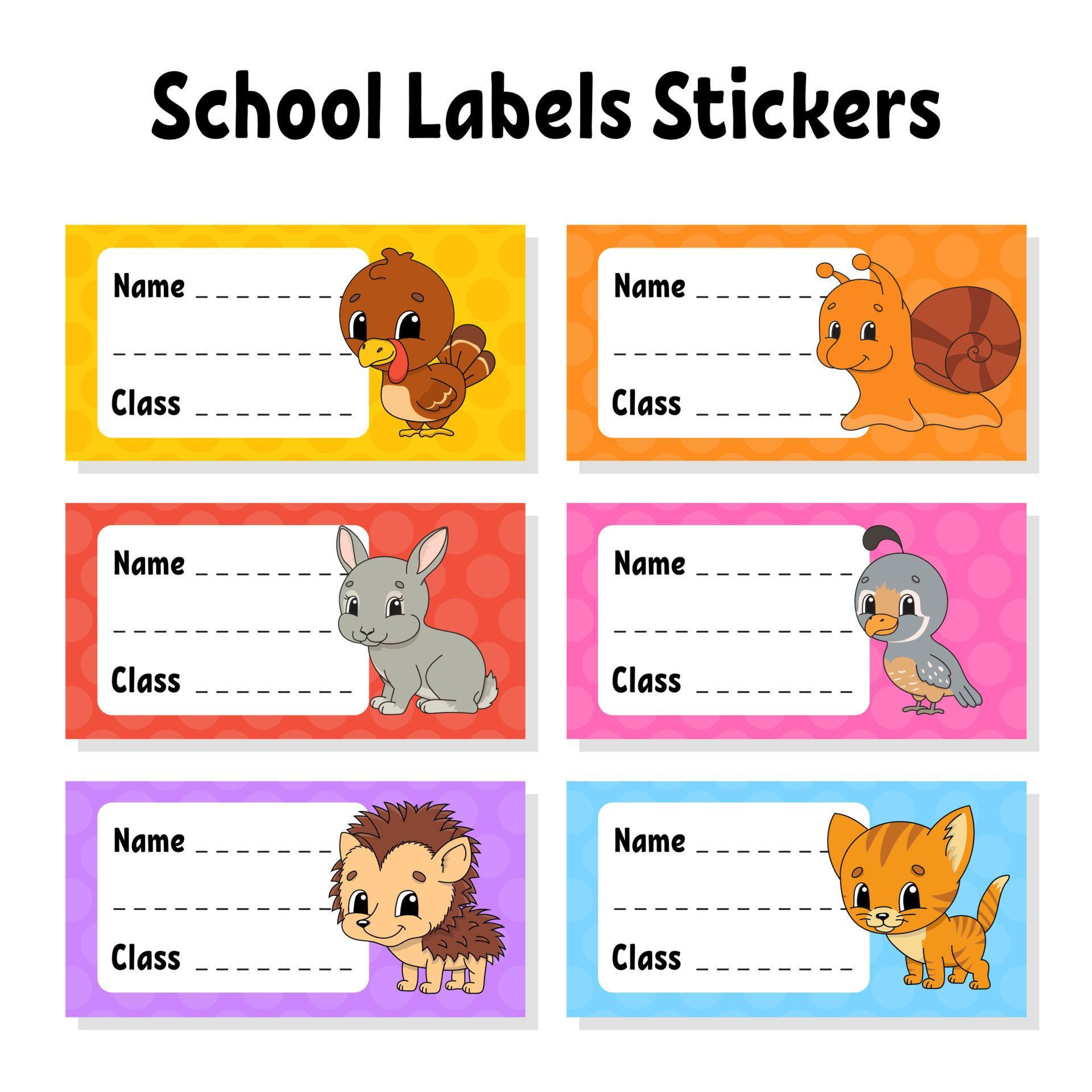 Bright stickers. Name and class. Back to school labels. Set stickers for notebook. Rectangular ...