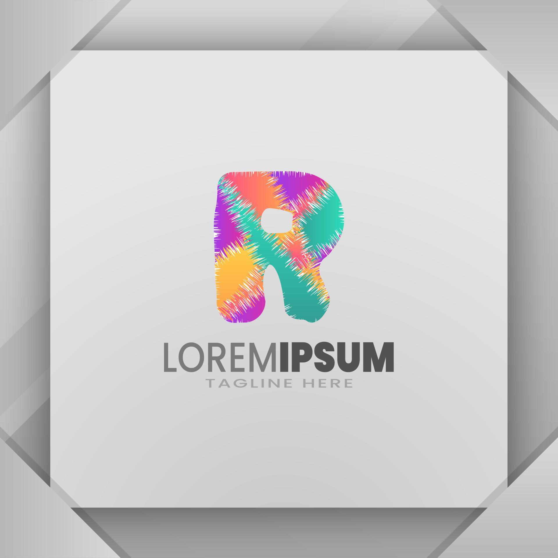 Fabric pattern logo with R letter and abstract colorful motifs. Logo template for business ...