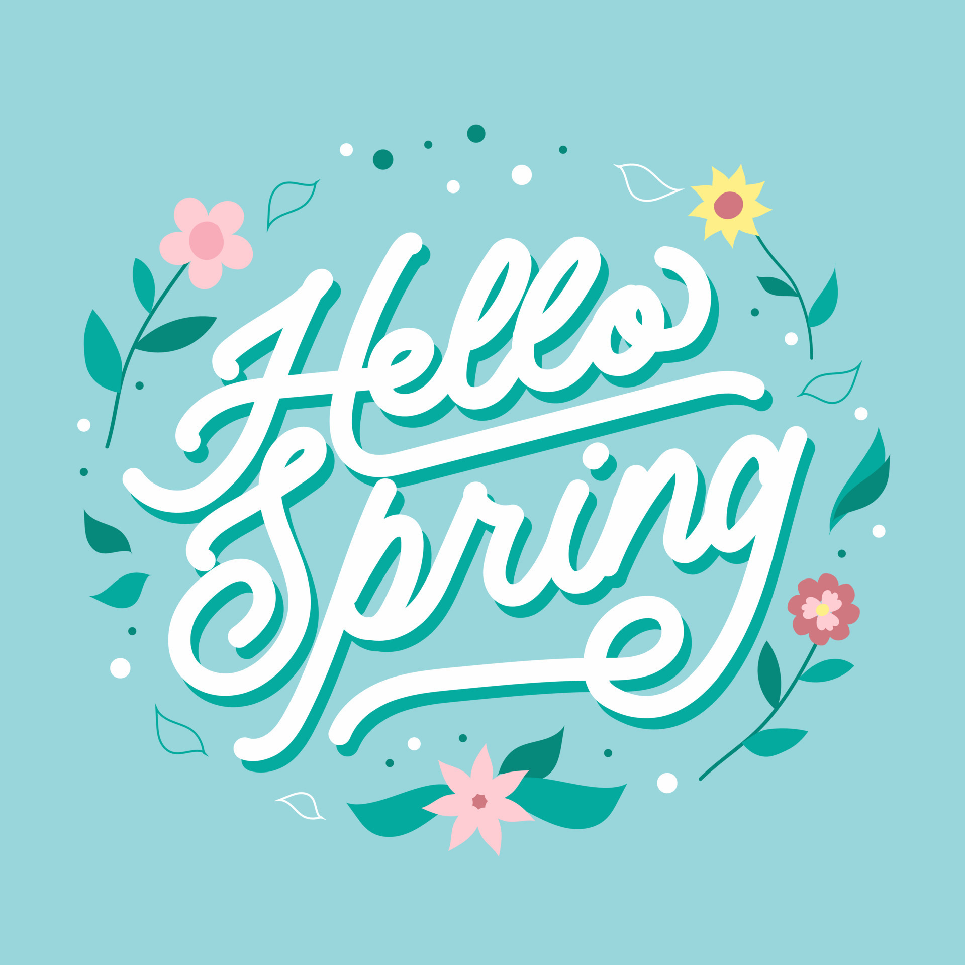 Flat design lettering hello spring background with leaf and flower ...