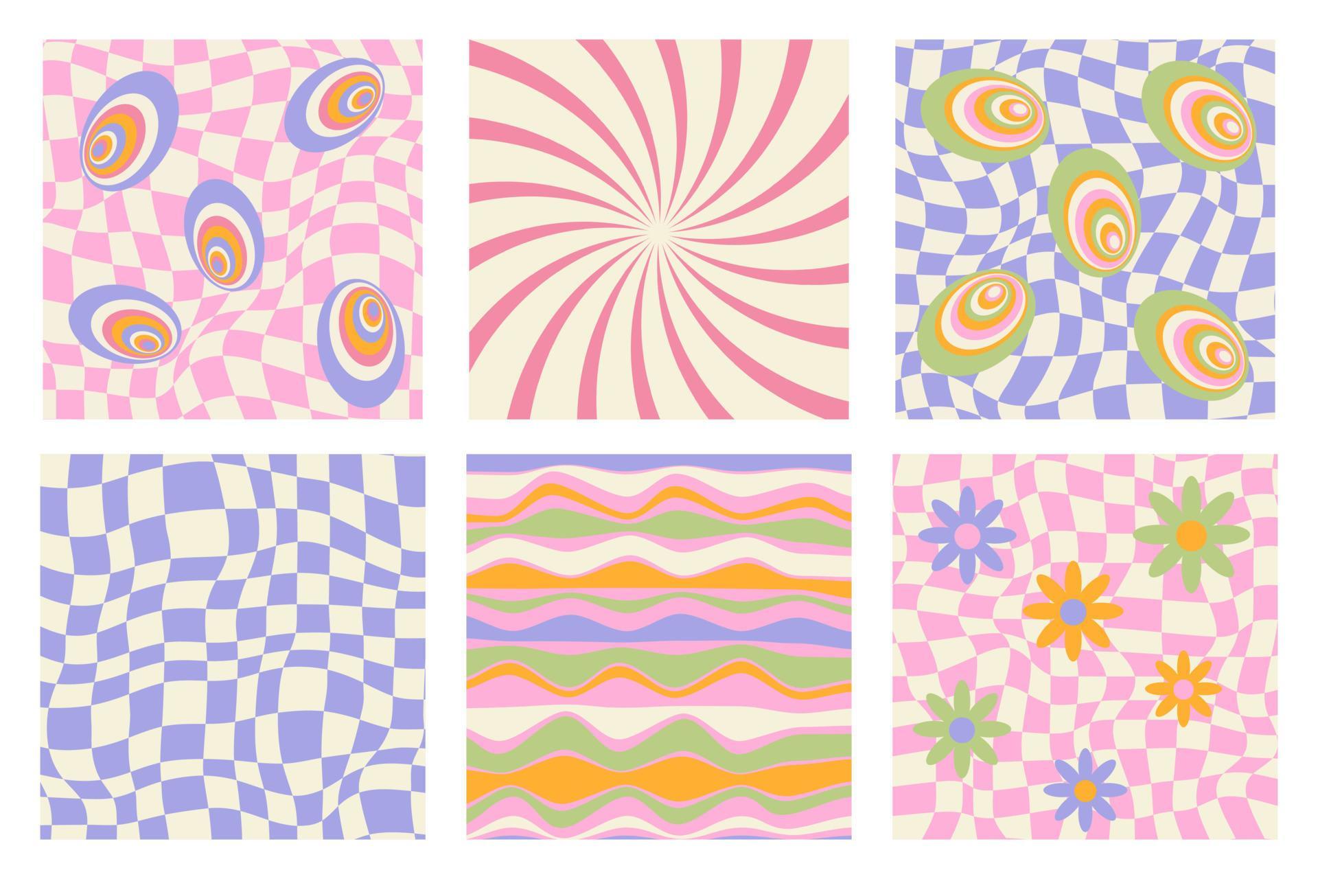 1970s Retro pattern groovy trippy. Trippy Grid, Wavy Swirl Pattern. Poster with 70s retro style ...