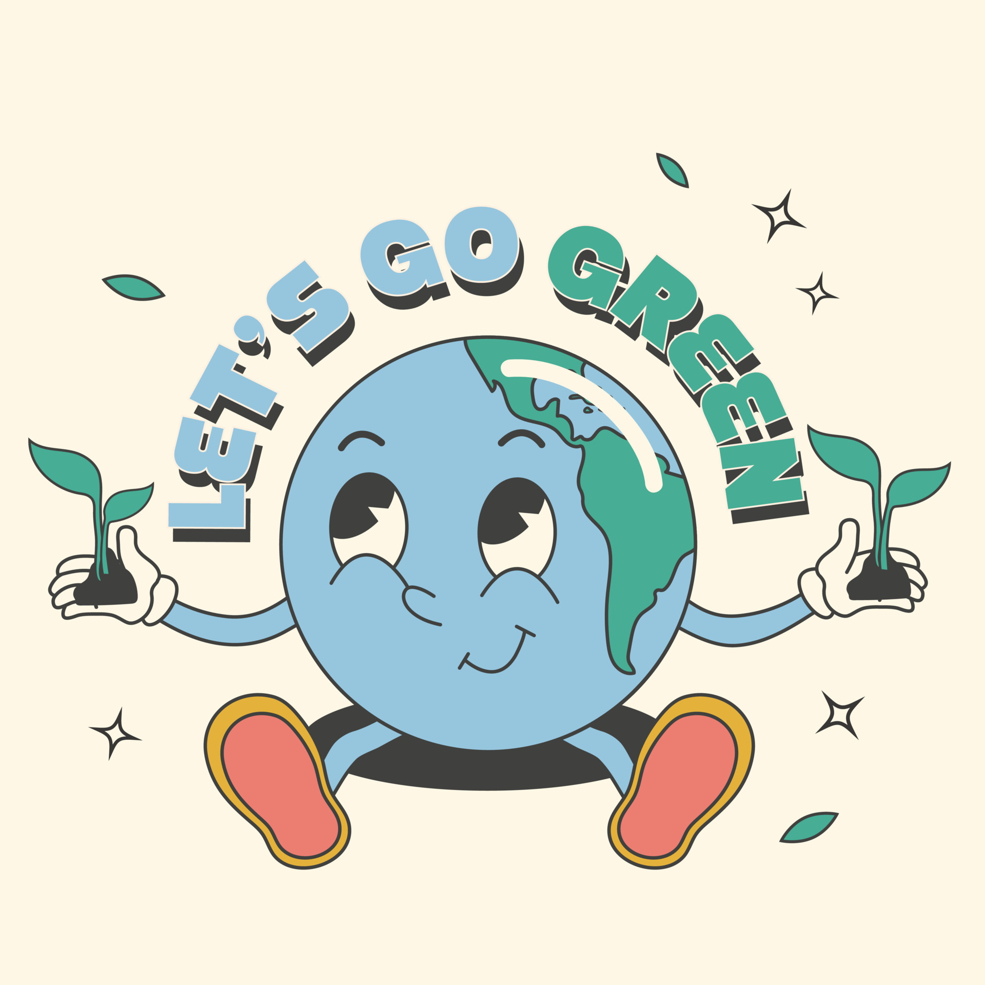 Y2k Groovy Earth Day Cartoon Poster Card Environmental Protection Lets Go Green Slogan