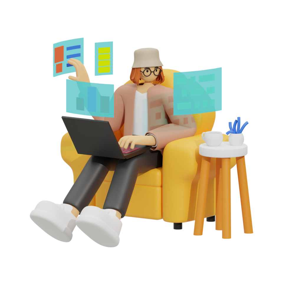 Enhancing Productivity with Laptop Use on Sofas 3D illustration ... Enhancing Productivity with Laptop Use on Sofas 3D illustration ...