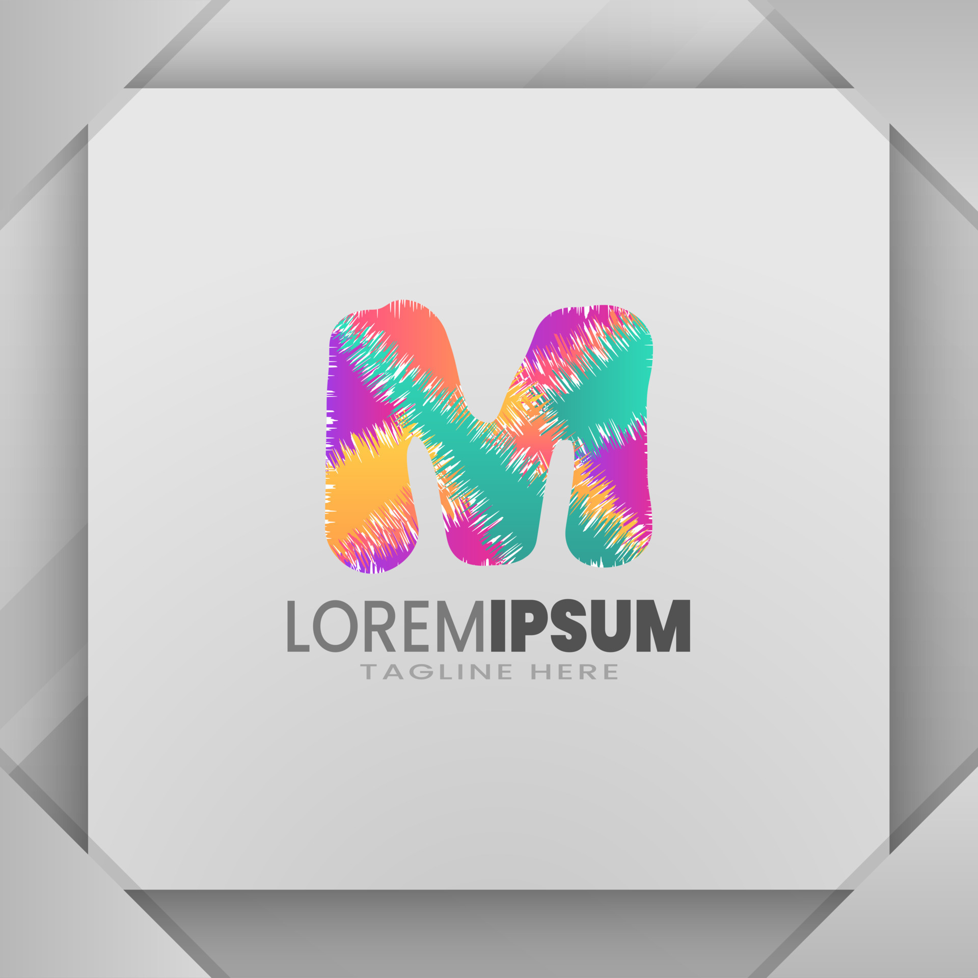 Fabric pattern logo with M letter and abstract colorful motifs. Logo template for business ...