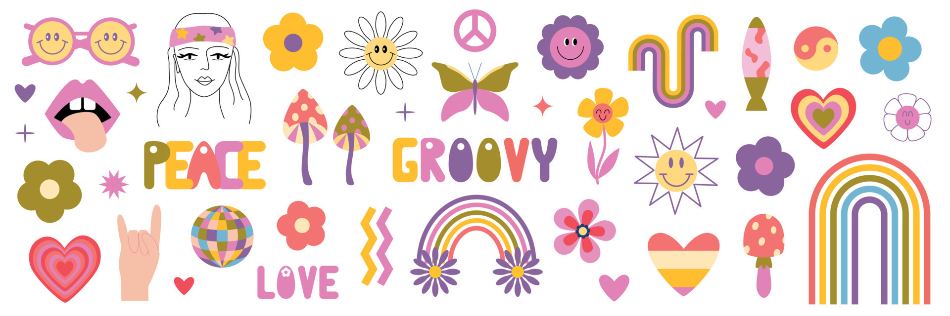 Retro 70s Groovy Hippie set. Y2k. Retro vibes. Groovy daisy flowers ... Retro 70s Groovy Hippie set. Y2k. Retro vibes. Groovy daisy flowers ...