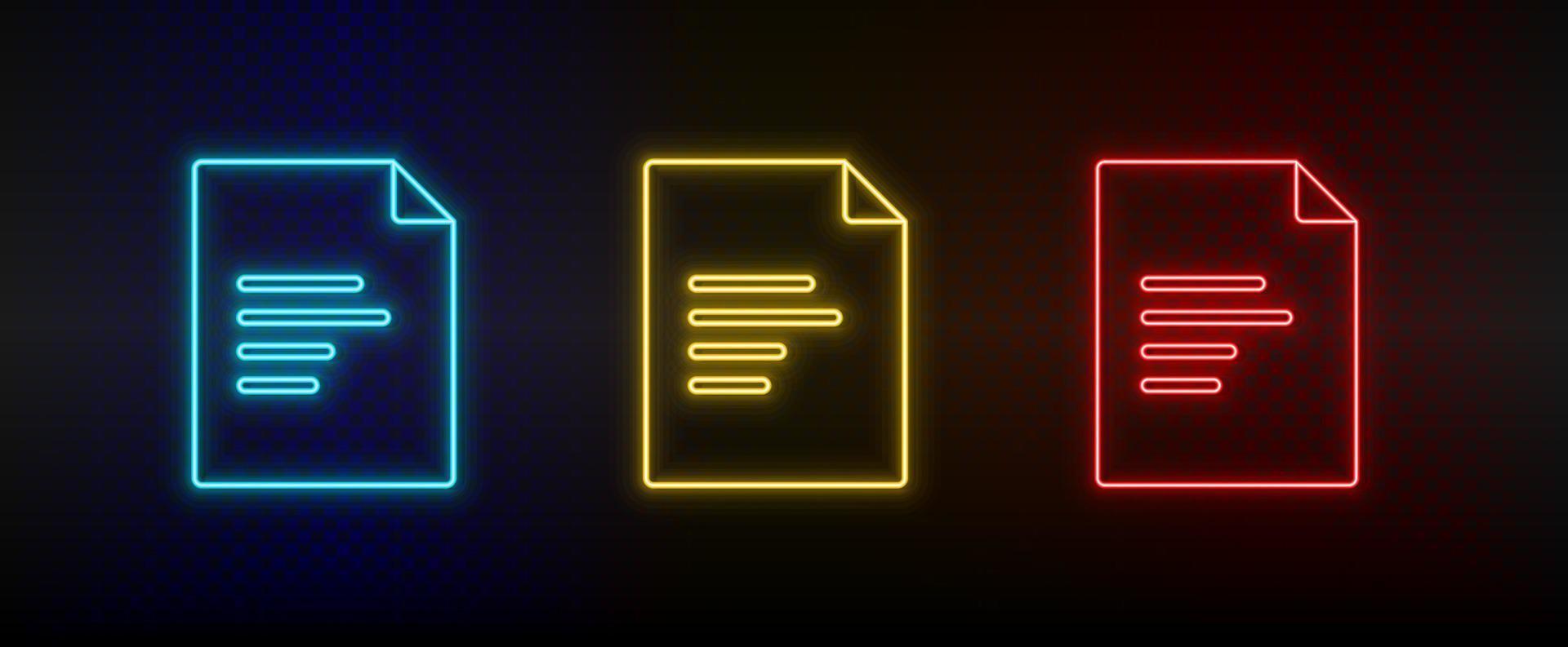Neon icons, document. Set of red, blue, yellow neon vector icon on ...