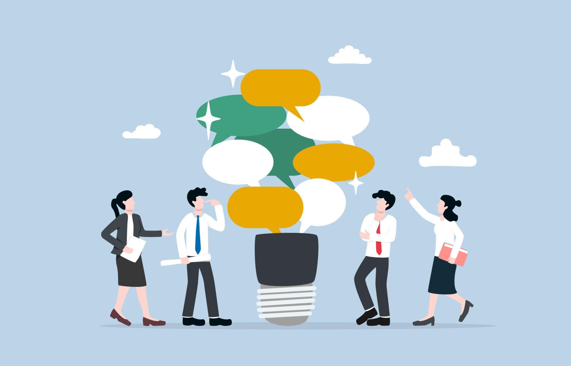 Team brainstorming, idea sharing to find solution or innovative approach, group discussion for ...